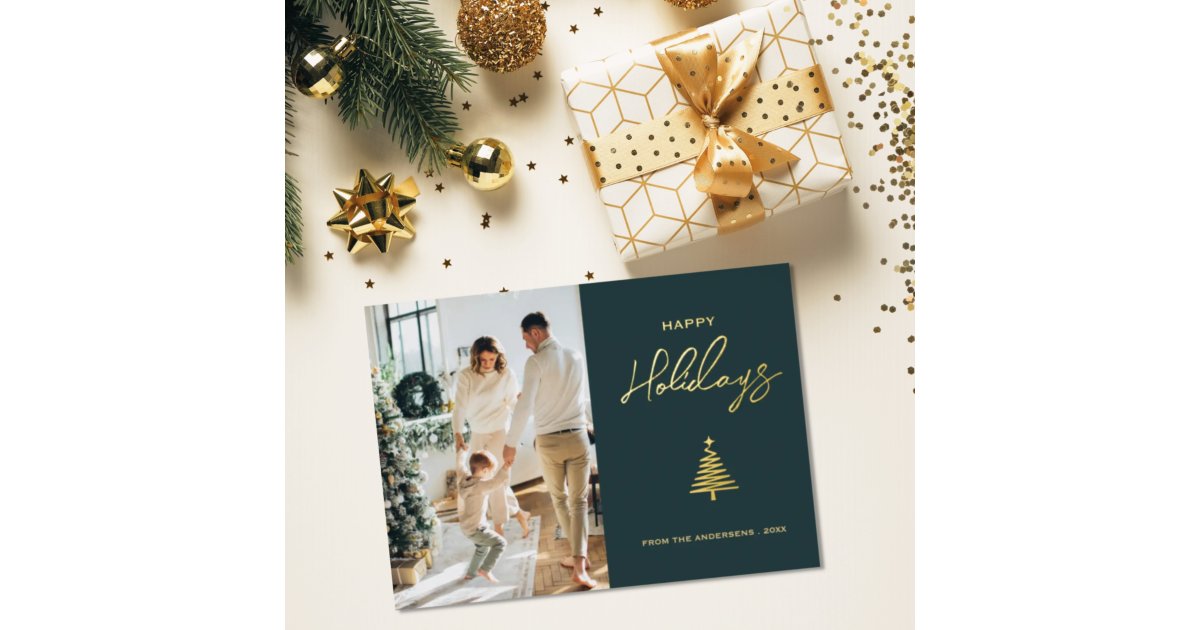 Modern Gold Christmas Tree One Photo Foil Holiday Card | Zazzle