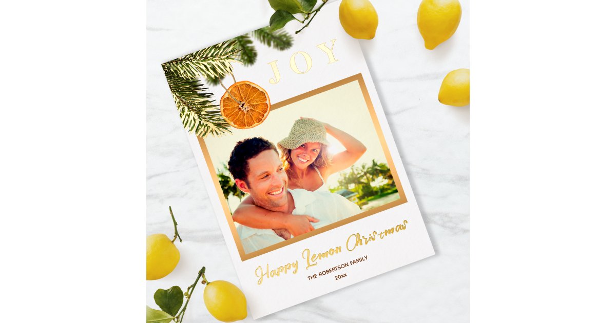 Modern Gold Citrus Christmas Fresh Lemon JOY Photo Foil Holiday Card ...
