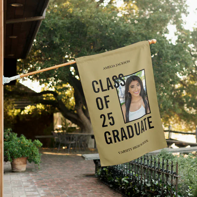 Modern Gold Class Of 25 Photo Graduation House Flag | Zazzle