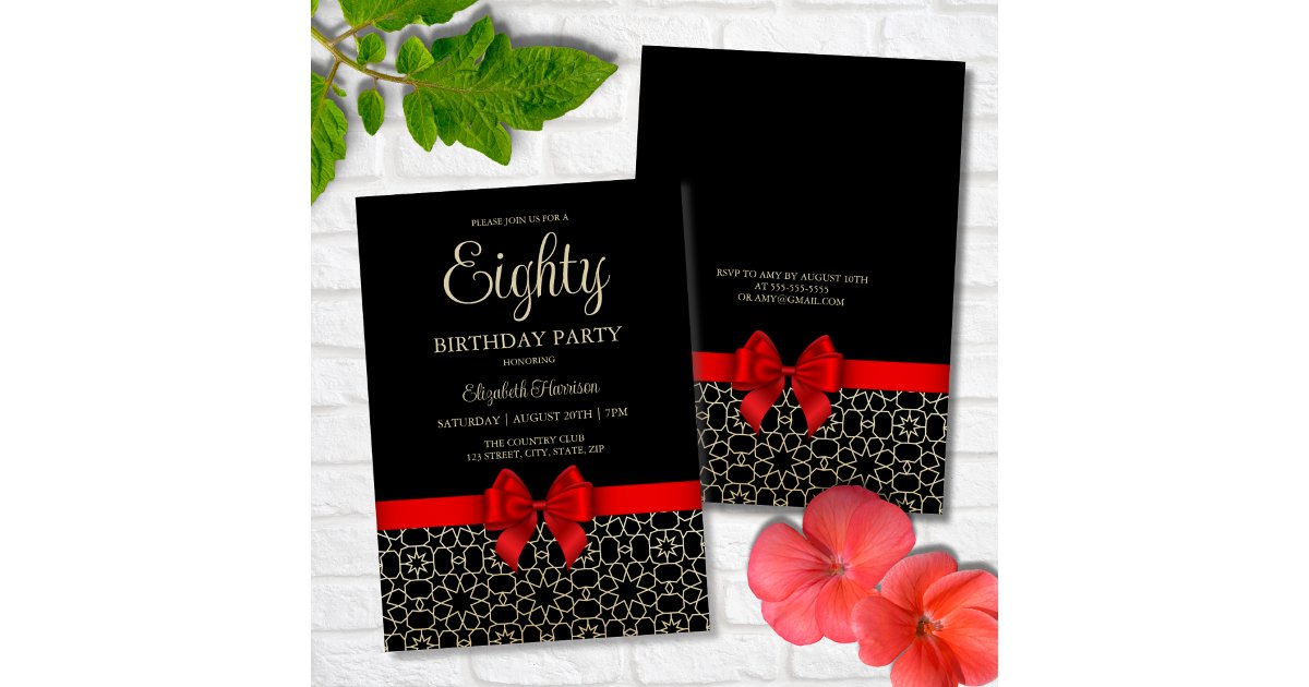 Modern Gold Egypt Geometric Red Bow 80th Birthday Invitation | Zazzle