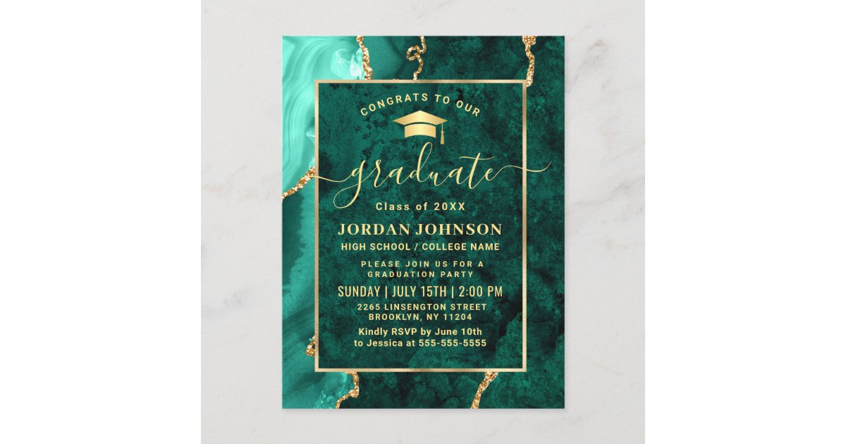 Modern Gold Emerald Graduation Party Invitation Postcard | Zazzle