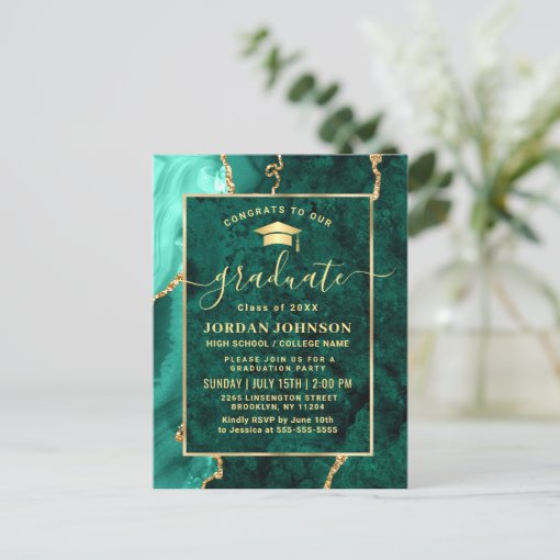 Modern Gold Emerald Graduation Party Invitation Postcard | Zazzle