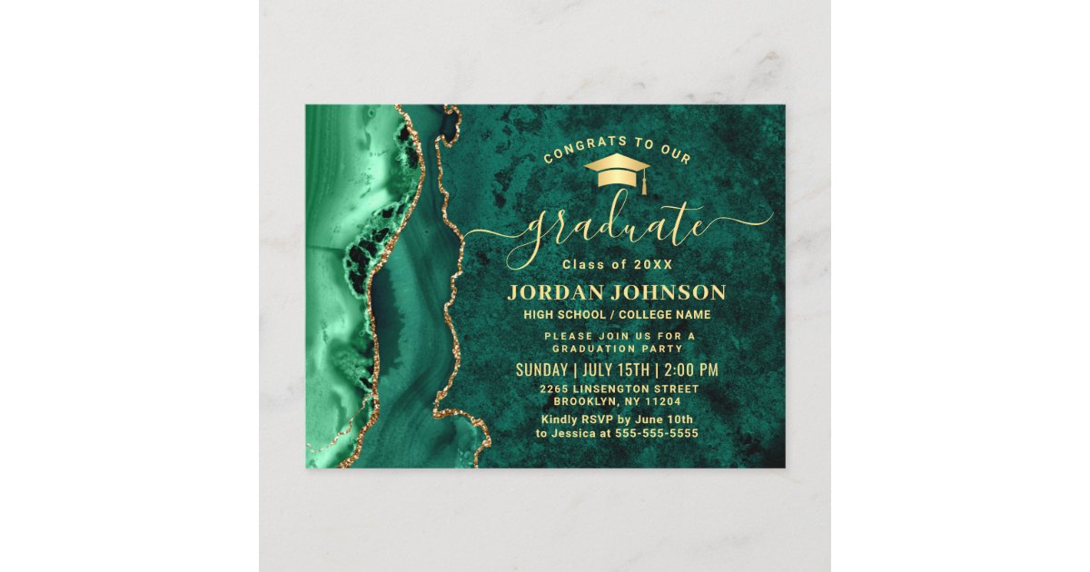 Modern Gold Emerald Graduation Party Invitation Postcard | Zazzle
