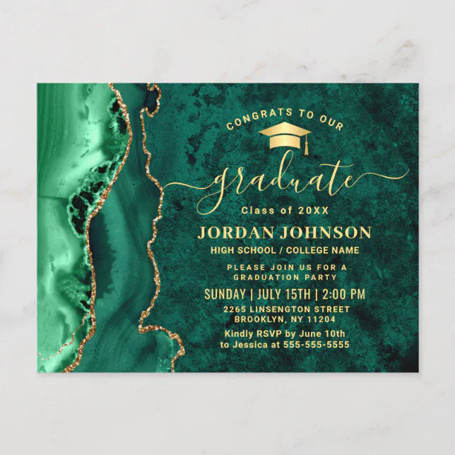 Modern Gold Emerald Graduation Party Invitation Postcard | Zazzle