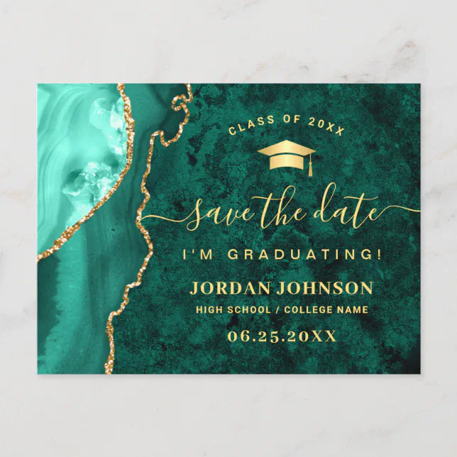 Modern Gold Emerald Green Graduation Save the Date Postcard | Zazzle