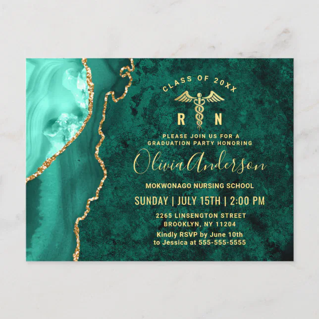 Modern Gold Emerald RN Graduation Party Invitation Postcard | Zazzle