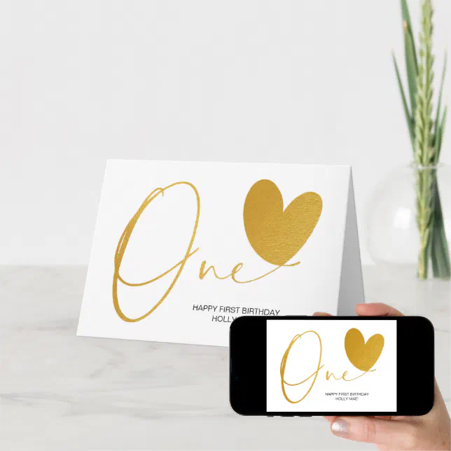 Modern Gold First Birthday One Heart Card | Zazzle