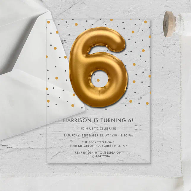 Modern Gold Foil Balloon 6th Birthday Acrylic Invitations | Zazzle