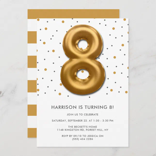 Modern Gold Foil Balloon 8th Birthday Invitation | Zazzle