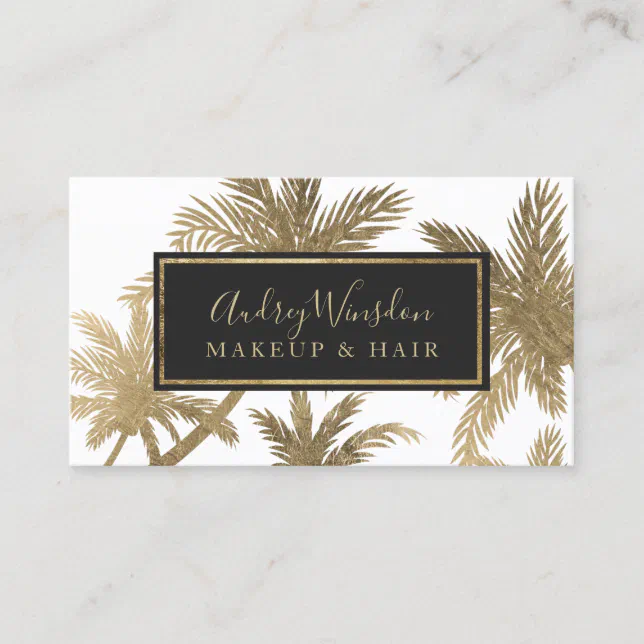 Modern gold foil glam palm tree Makeup Hair script Business Card | Zazzle