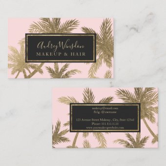 Modern gold foil pink palm tree Makeup Hair script Business Card | Zazzle