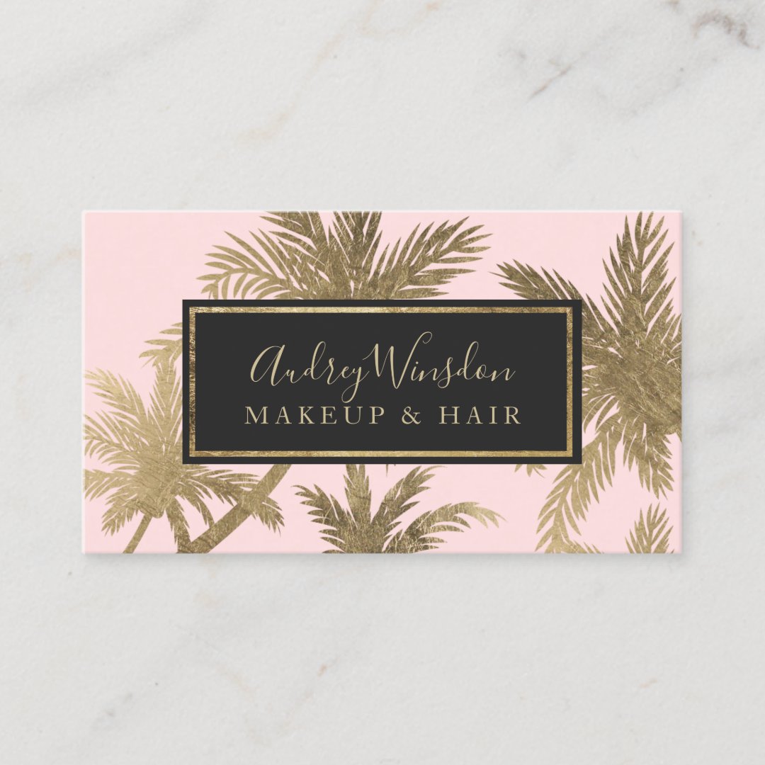 Modern gold foil pink palm tree Makeup Hair script Business Card | Zazzle
