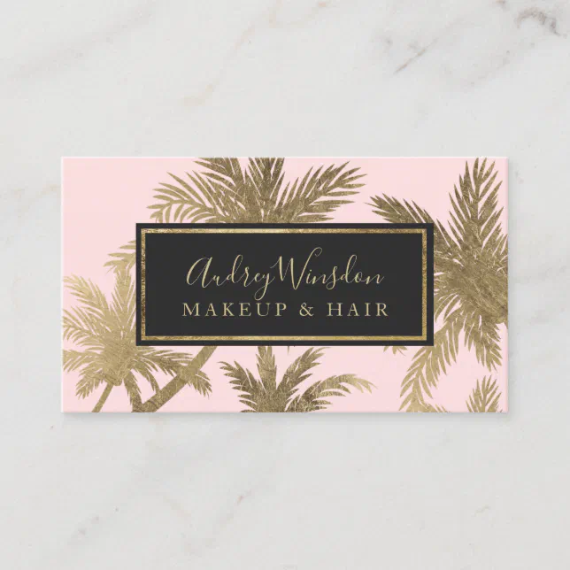 Modern gold foil pink palm tree Makeup Hair script Business Card | Zazzle
