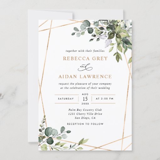 Modern Gold Frame Greenery Invitation w/ Details | Zazzle