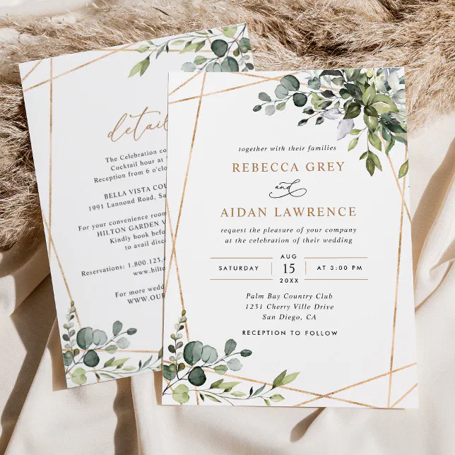 Modern Gold Frame Greenery Invitation w/ Details | Zazzle