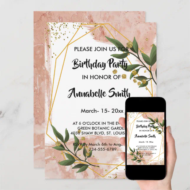 Modern Gold Frame Ivory Green Floral Birthday Invitation | Zazzle