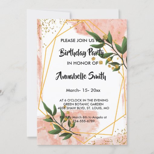 Modern Gold Frame Ivory Green Floral Birthday Invitation | Zazzle