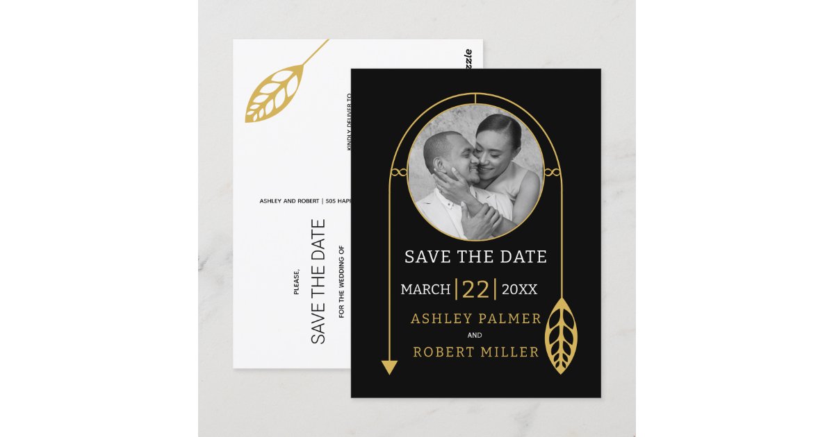 Modern gold frame with leaf and photo wedding postcard | Zazzle