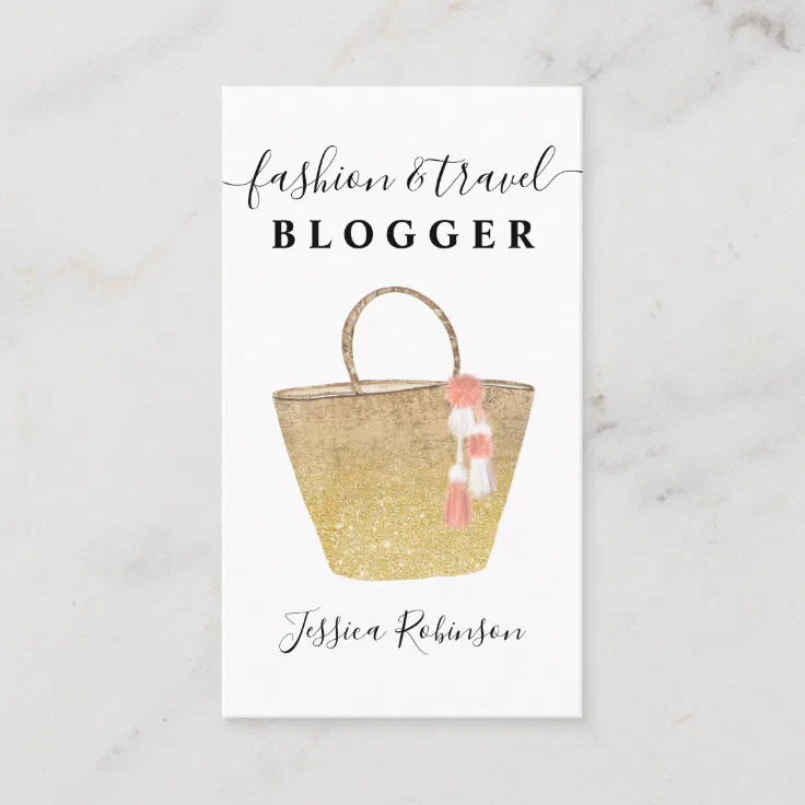 Modern gold glitter bag script fashion blogger business card | Zazzle