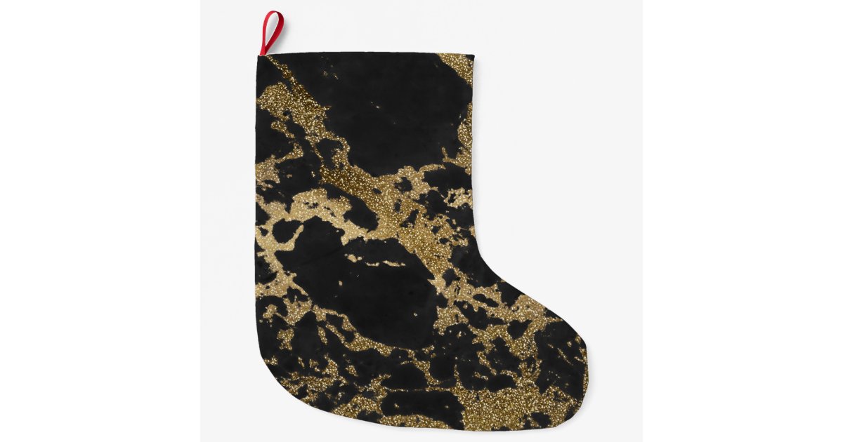 Modern Gold Glitter Black Marble Large Christmas Stocking | Zazzle
