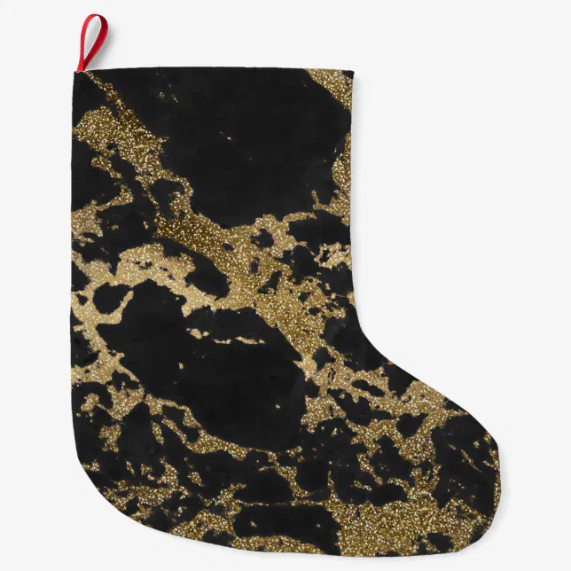 Modern Gold Glitter Black Marble Large Christmas Stocking | Zazzle