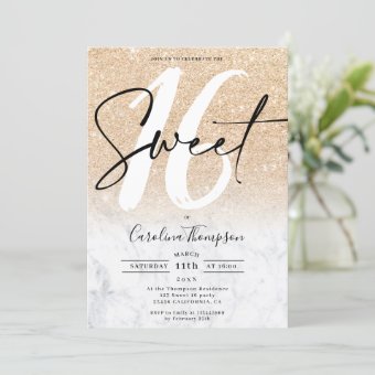 Modern gold glitter border marble photo Sweet 16 Invitation | Zazzle