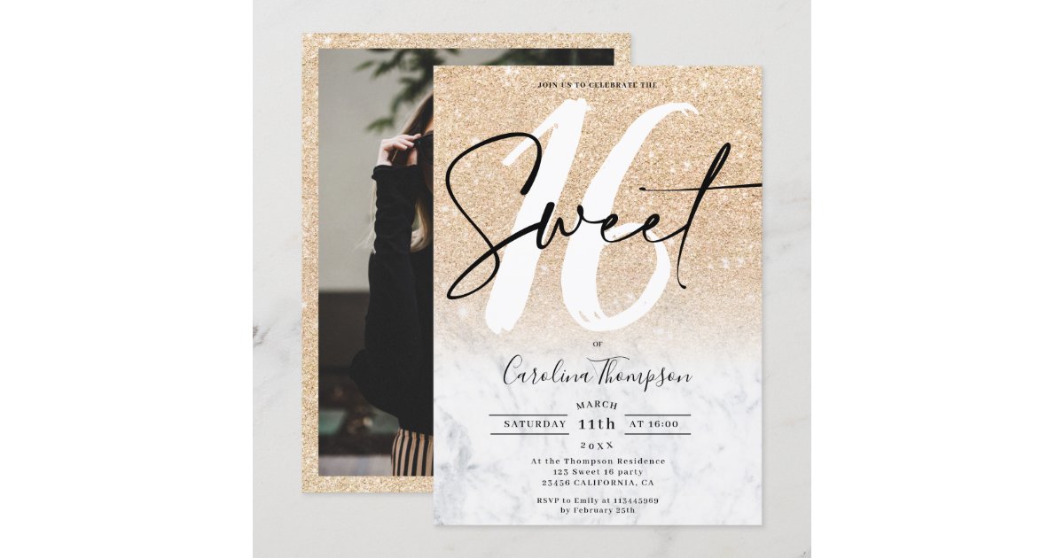 Modern gold glitter border marble photo Sweet 16 Invitation | Zazzle