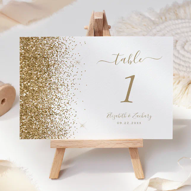 Modern Gold Glitter Edge White Wedding Table Number | Zazzle