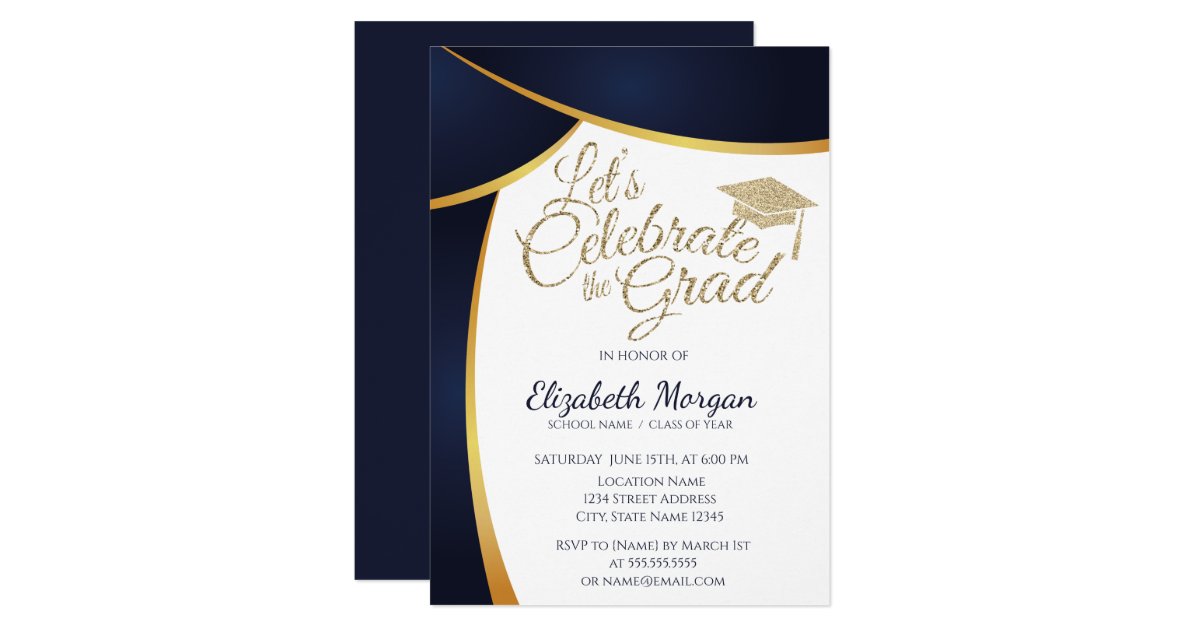 Modern Gold Glitter Graduation Cap,Blue Graduation Invitation | Zazzle.com