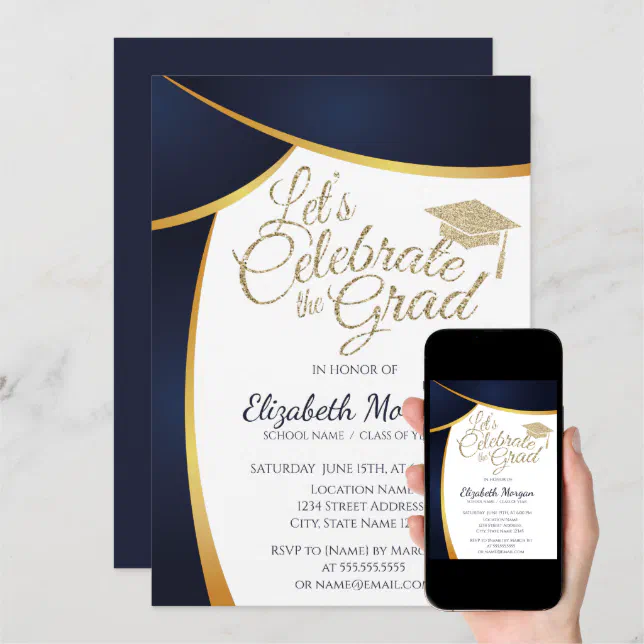 Modern Gold Glitter Graduation Cap,Blue Graduation Invitation | Zazzle