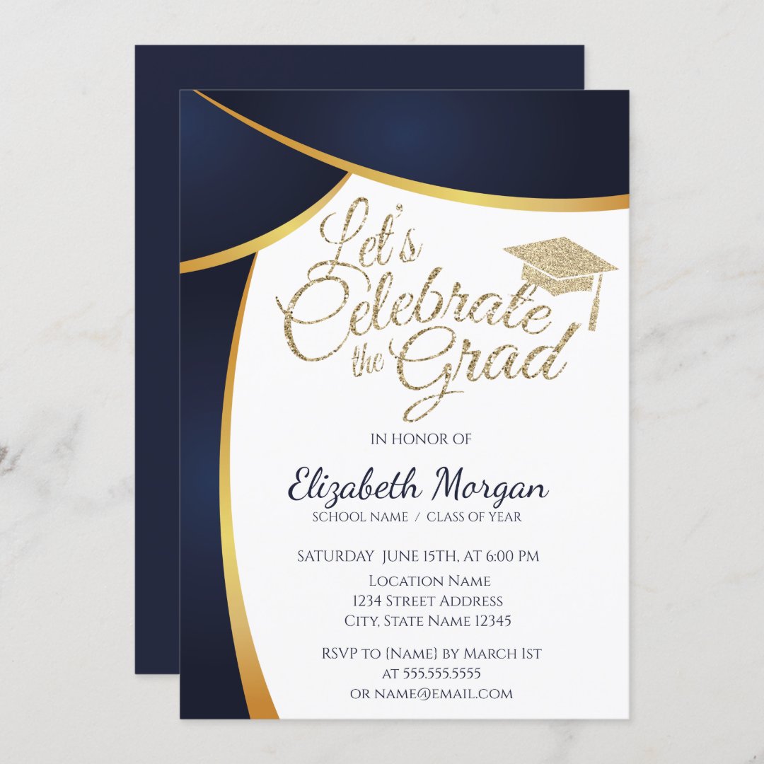 Modern Gold Glitter Graduation Cap,Blue Graduation Invitation | Zazzle