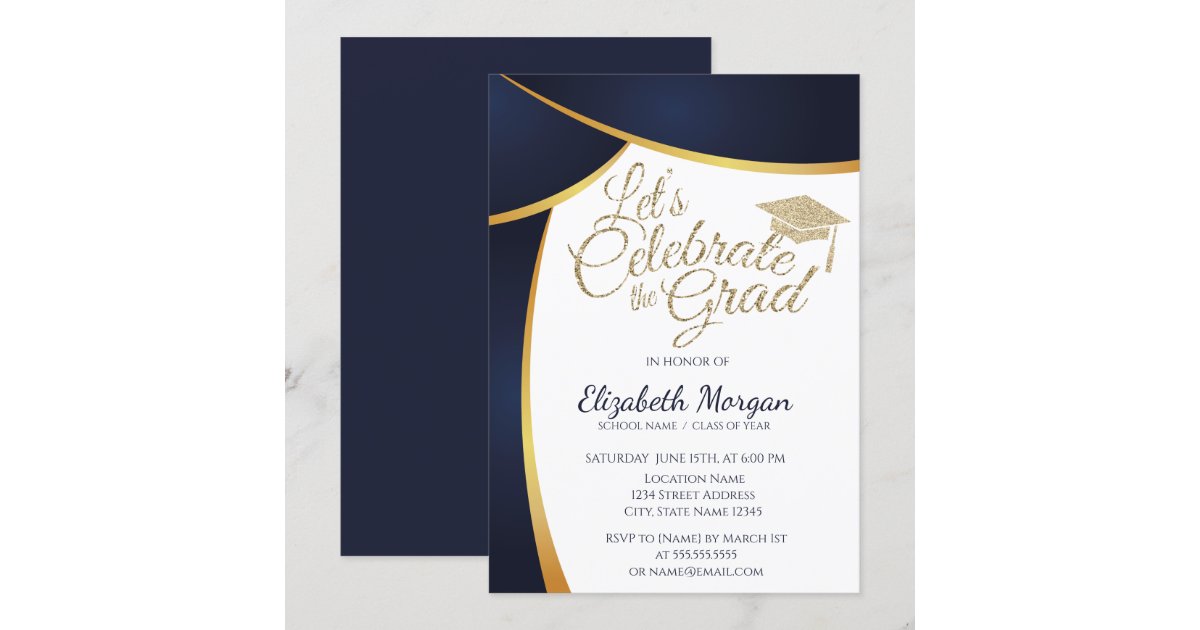 Modern Gold Glitter Graduation Cap,Blue Graduation Invitation | Zazzle