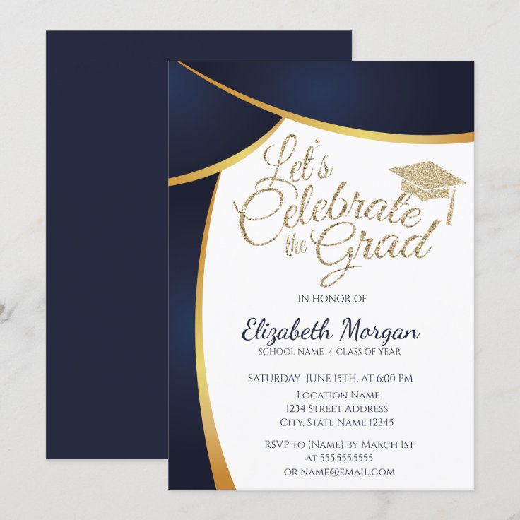 Modern Gold Glitter Graduation Cap,Blue Graduation Invitation | Zazzle
