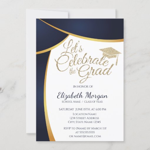 Modern Gold Glitter Graduation Cap,Blue Graduation Invitation | Zazzle