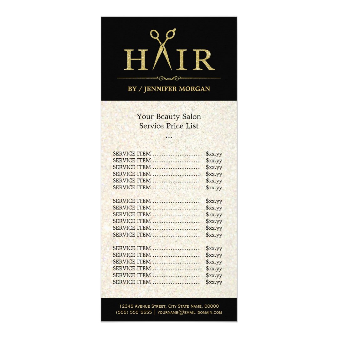 Modern Gold Glitter Hair Cut Salon Price List Rack Card | Zazzle