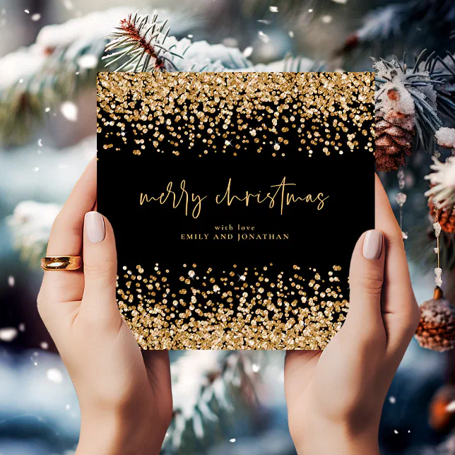 Modern Gold Glitter Merry Christmas Black Invitation | Zazzle