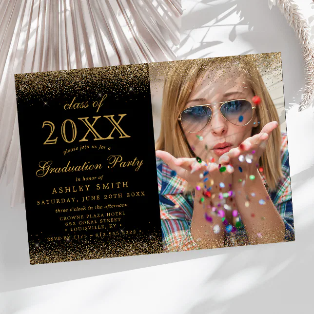 Modern Gold Glitter On Black Photo Graduation Invitation | Zazzle