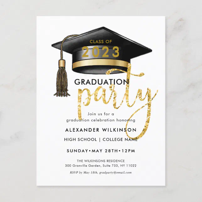 Modern Gold Glitter Script Simple GRAD Party Invitation Postcard | Zazzle