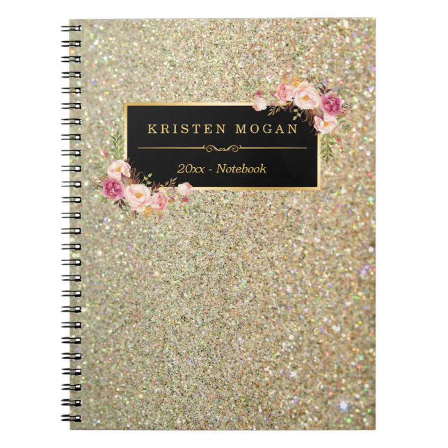 Modern Gold Glitter Sparkles Girly Floral Notebook | Zazzle