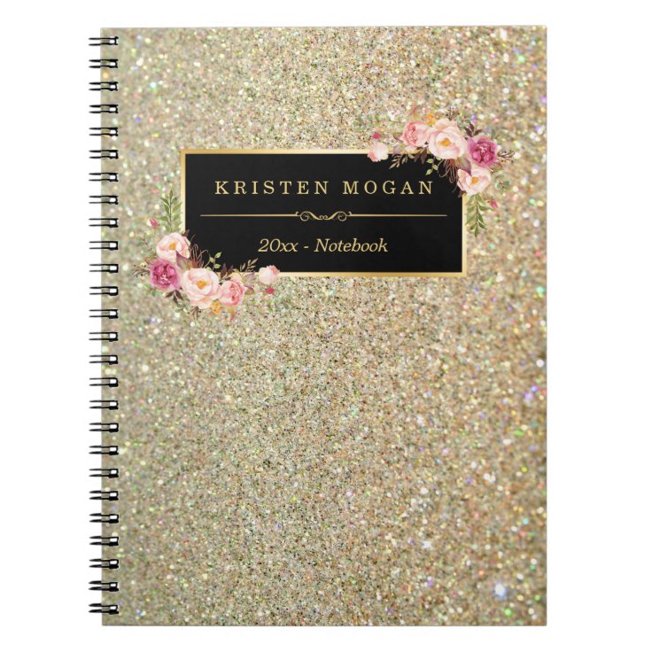Modern Gold Glitter Sparkles Girly Floral Notebook | Zazzle