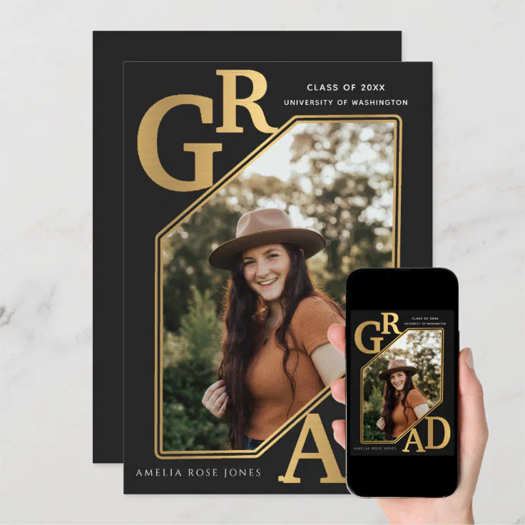 Modern Gold GRAD Graduation photo Invitation | Zazzle