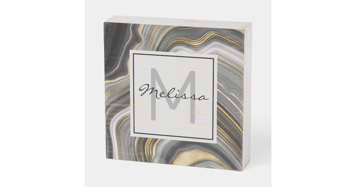 Modern Gold & Gray Agate Geode Monogram Wooden Box Sign | Zazzle