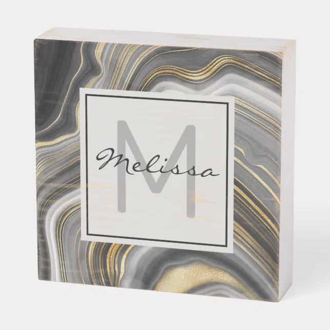 Modern Gold & Gray Agate Geode Monogram Wooden Box Sign | Zazzle