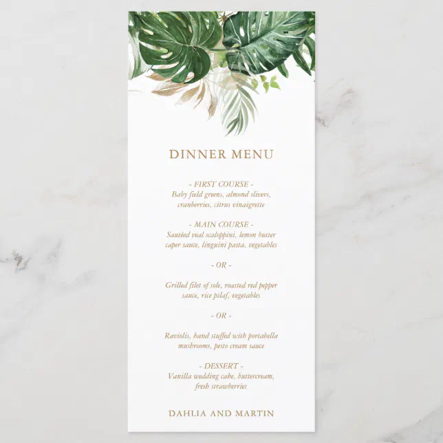 Modern Gold Greenery Tropical Wedding Menu | Zazzle