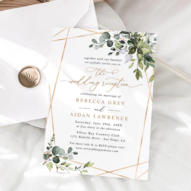 Modern Gold Greenery Wedding Reception Invitation | Zazzle