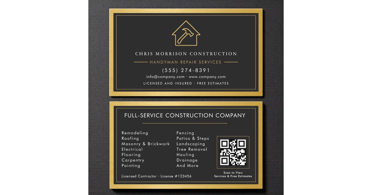 Modern Gold Handyman QR Code Black Business Card | Zazzle