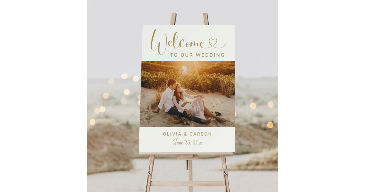 Modern Gold Heart Script Wedding Photo Welcome Foam Board | Zazzle