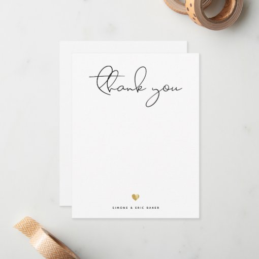 Modern Gold Heart Thank you Script Note Card | Zazzle