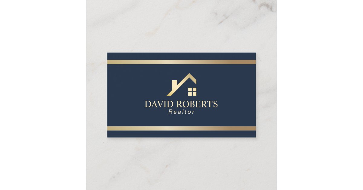 Modern Gold House Logo Real Estate Realtor Navy Business Card | Zazzle
