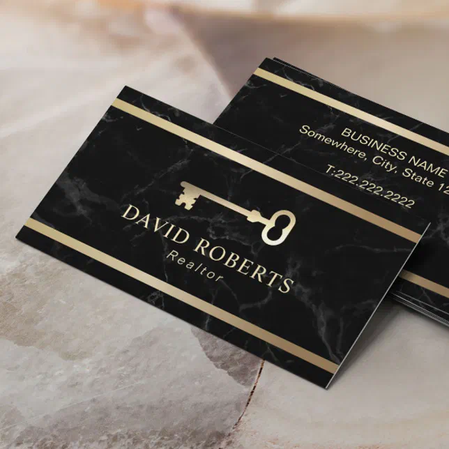 Modern Gold Key Real Estate Realtor Black Marble Business Card | Zazzle